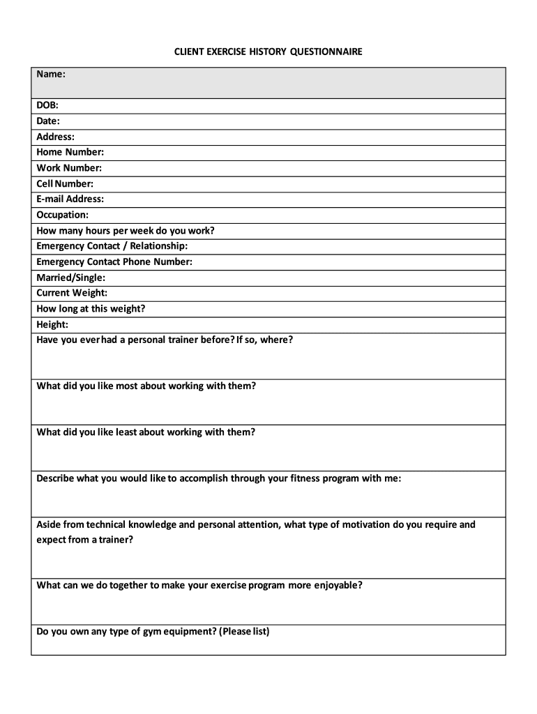 Fillable Online Client Health & Exercise History Questionnaire - Cafe ...