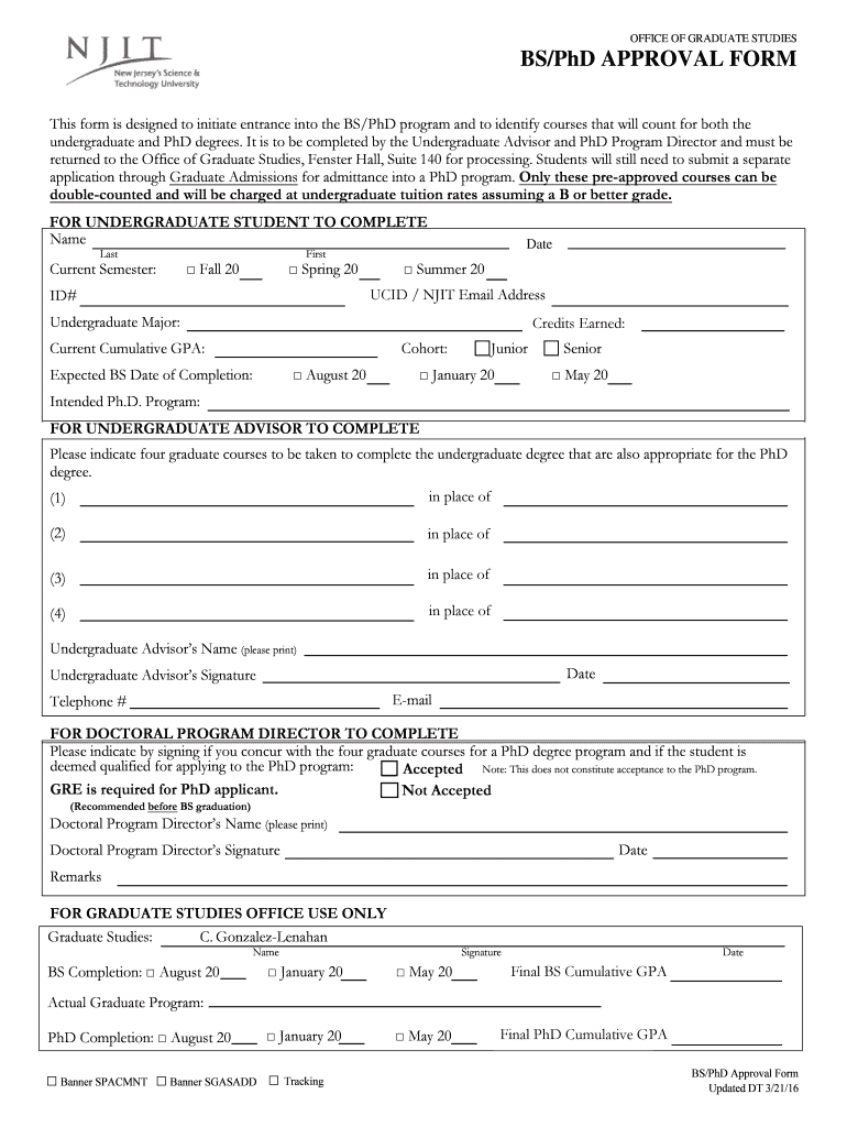 Fillable Online BS/PhD Approval Form Fax Email Print - pdfFiller