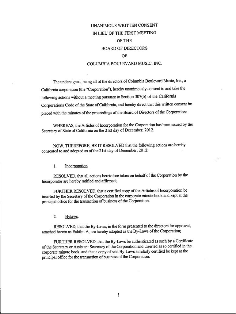 Fillable Online UNANIMOUS WRITTEN CONSENT IN LIEU OF THE FIRST ... Fax ...