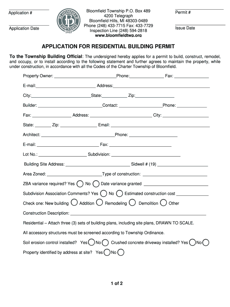 Fillable Online application for residential building permit ...