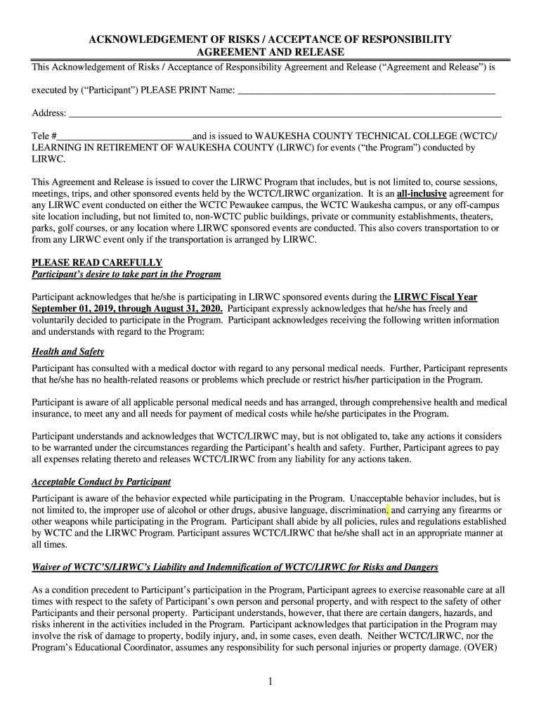 Fillable Online acknowledgement of risk acceptance of responsibility ...