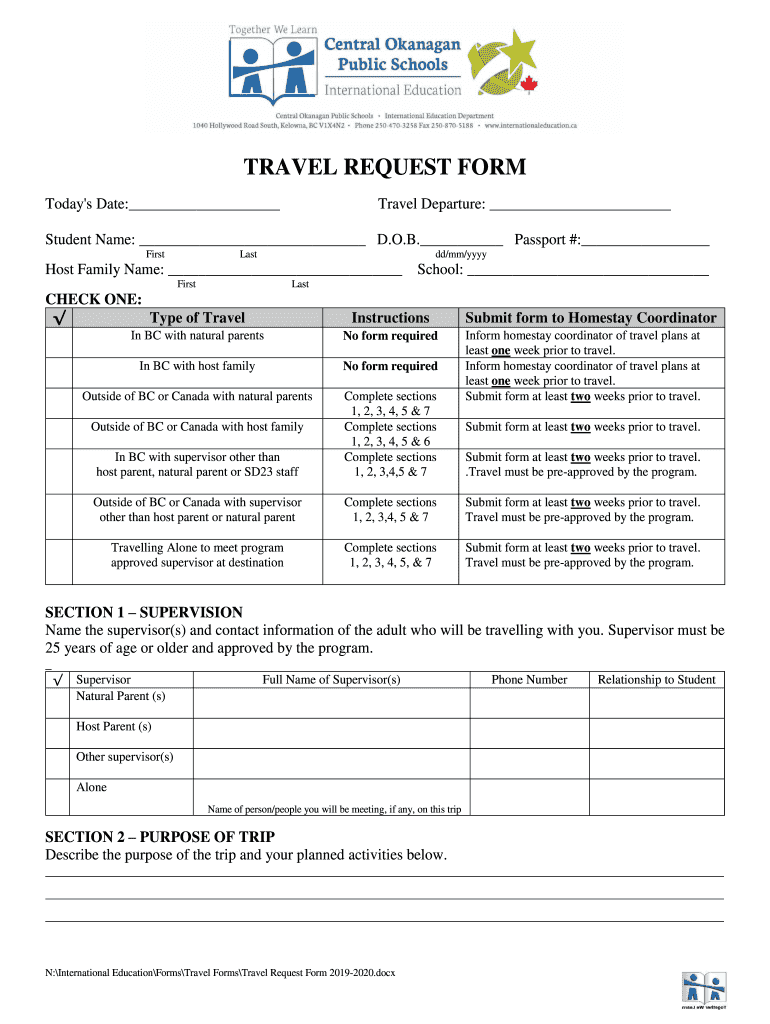 Fillable Online TRAVEL REQUEST FORM - international.sd23.bc.ca Fax ...