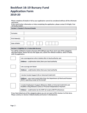 Fillable Online Beckfoot 16-19 Bursary Fund Application Form Fax Email Print - pdfFiller