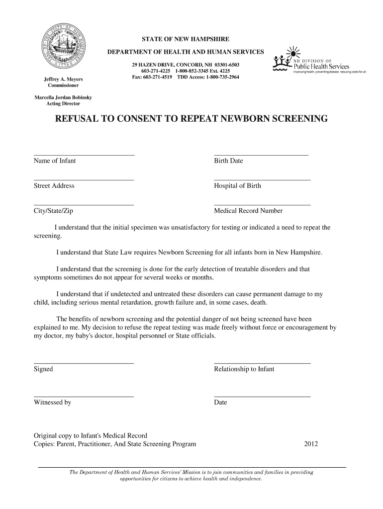 Fillable Online Refusal to Consent to Repeat Newborn Screening Form Fax ...