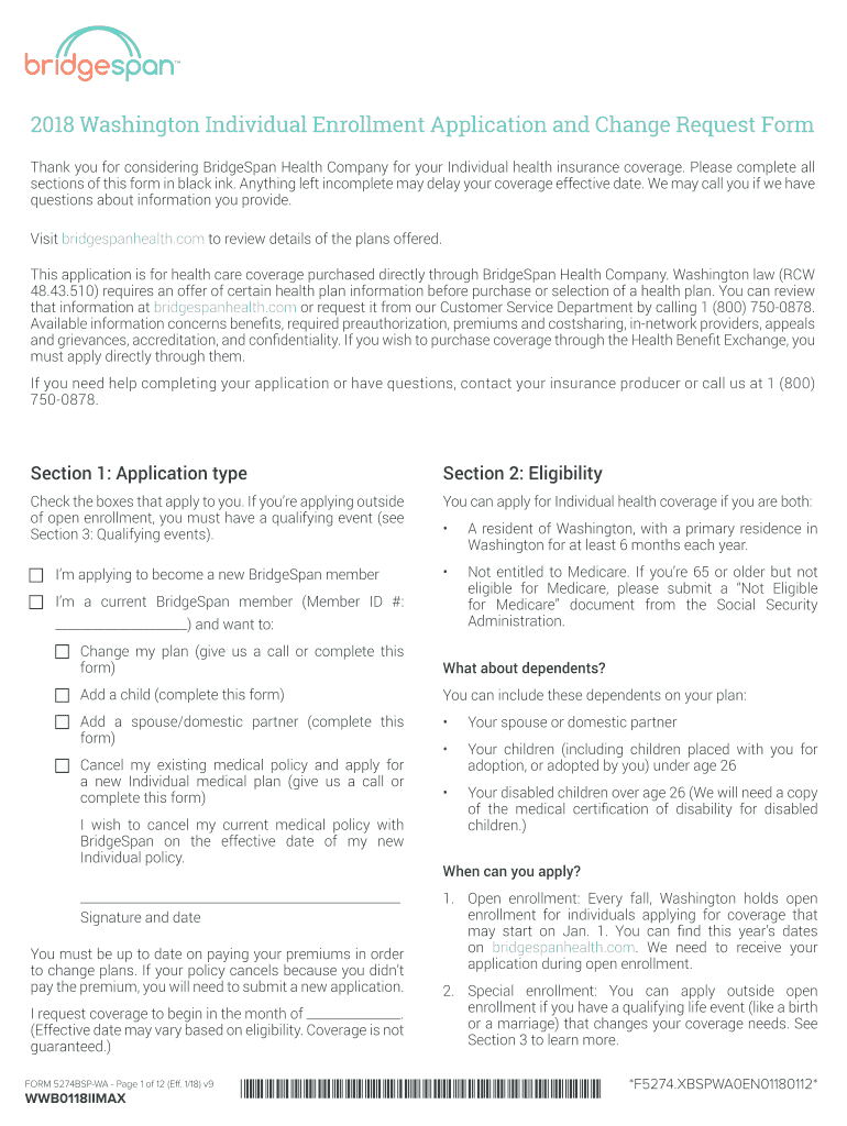 Fillable Online 2018 BridgeSpan Health Company Individual Enrollment ...
