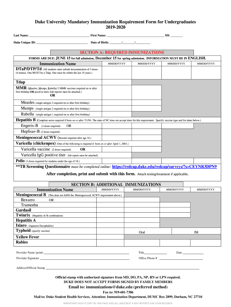 Fillable Online studentaffairs duke Duke University Mandatory Immunization Requirement Form ...