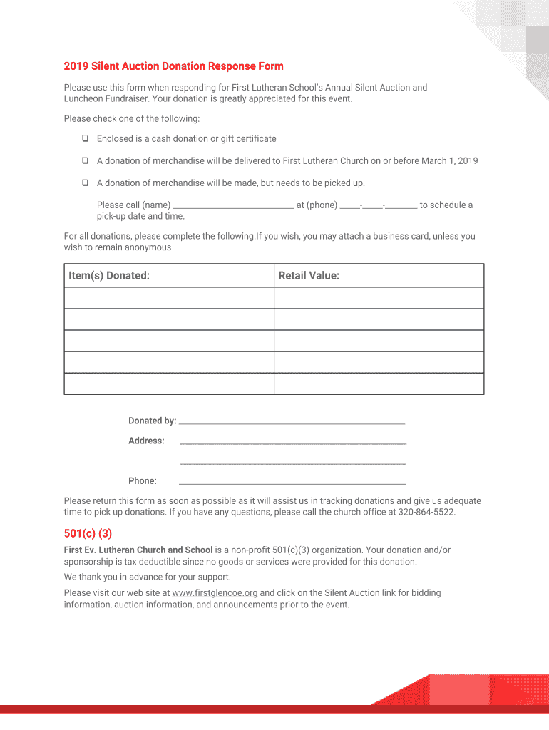 Fillable Online 2019 Silent Auction Donation Response Form Item(s ...