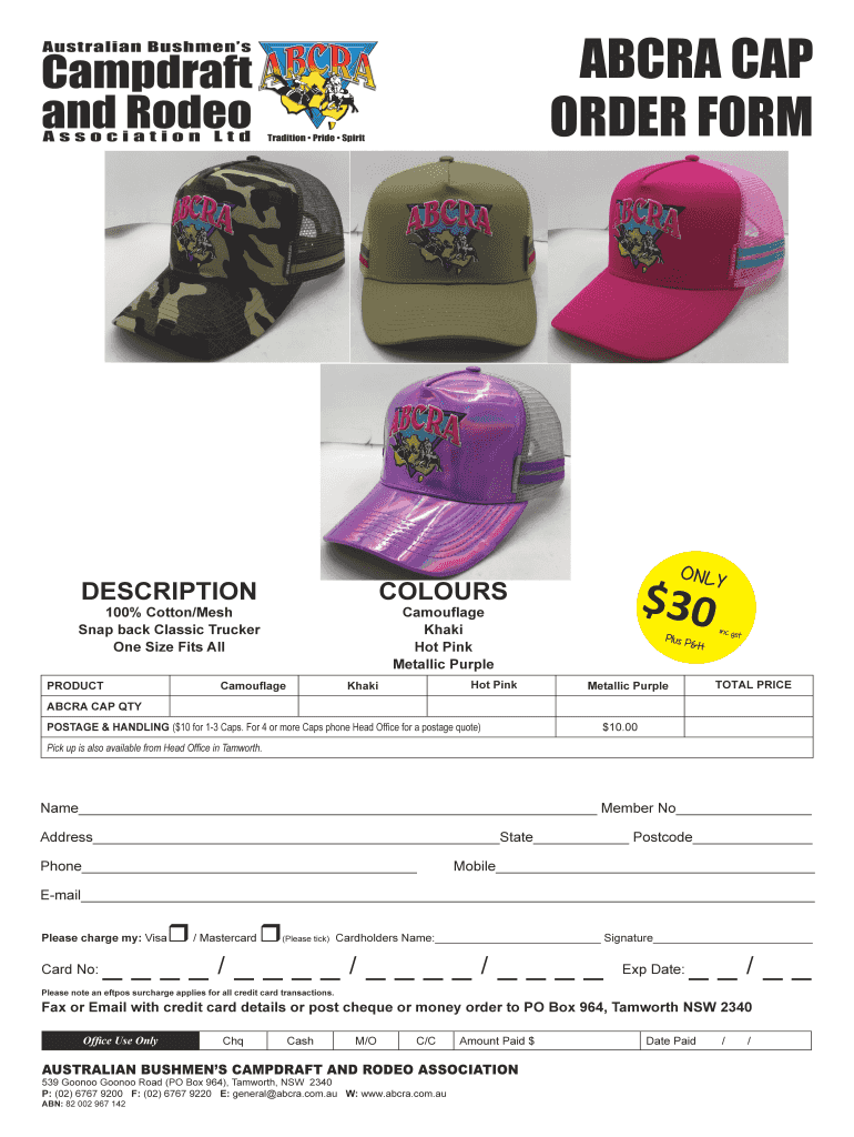 Fillable Online ABCRA CAP ORDER FORM Fax Email Print - pdfFiller