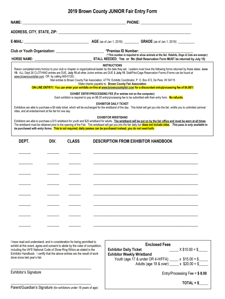 Fillable Online 2019 Brown County JUNIOR Fair Entry Form Fax Email ...