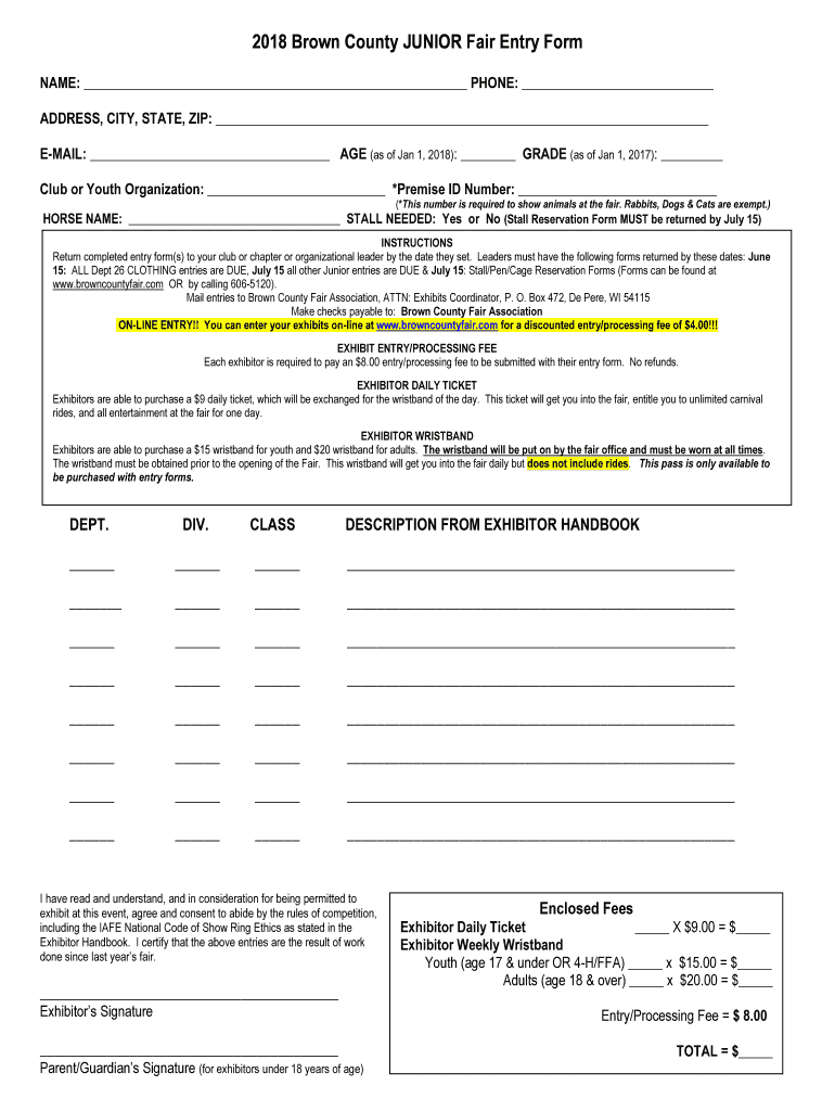 Fillable Online 2018 Brown County JUNIOR Fair Entry Form Fax Email ...
