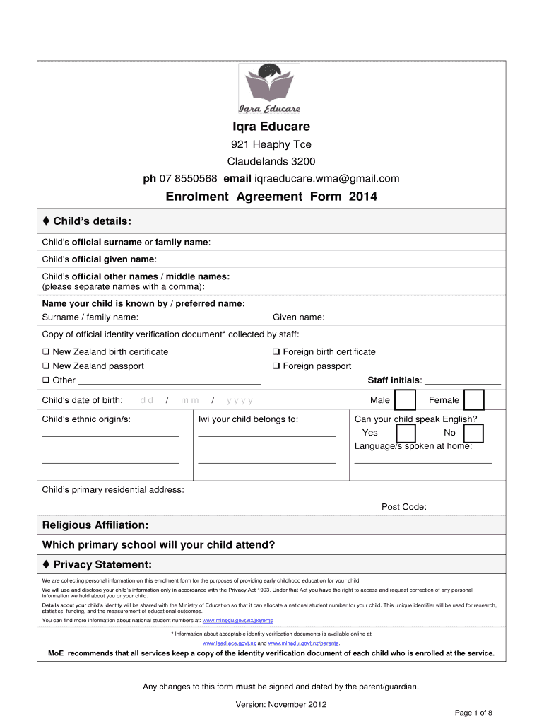 Fillable Online Enrolment Agreement Form - Full - Iqra Educare Fax ...
