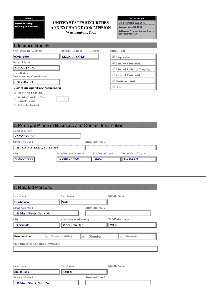 Fillable Online FORM D Notice of Exempt Offering of Securities - PDF ...