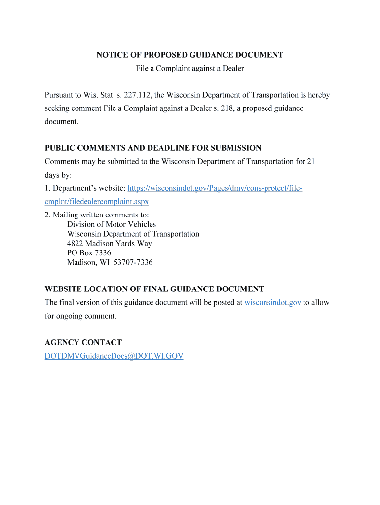 Fillable Online docs legis wisconsin NOTICE OF PROPOSED GUIDANCE DOCUMENT File a ... Fax Email ...