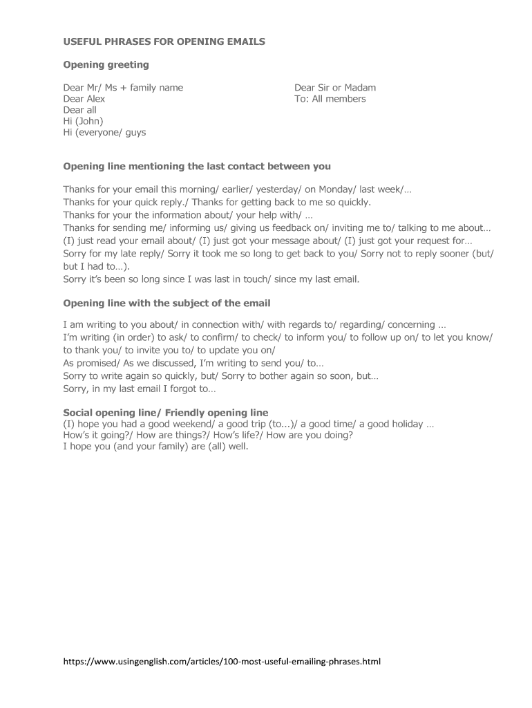Fillable Online Useful phrases for opening emails Opening greeting to ...