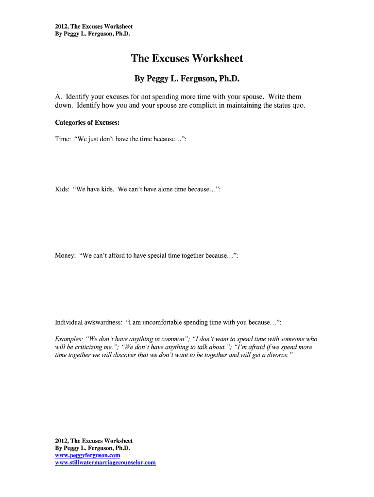 Fillable Online 2012, The Excuses Worksheet Fax Email Print - pdfFiller