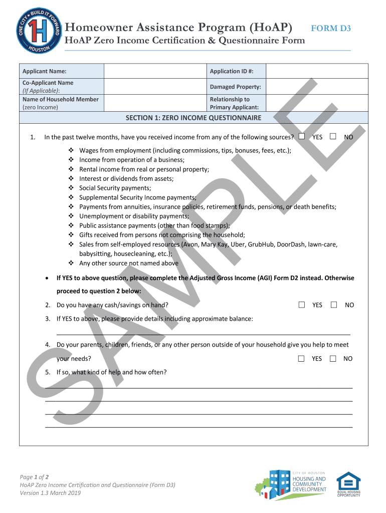 Fillable Online Form D3 - HoAP Certification of Zero Income and Questionnaire Fax Email Print ...