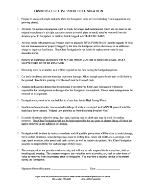 Fillable Online OWNERS CHECKLIST PRIOR TO FUMIGATION Fax Email Print ...