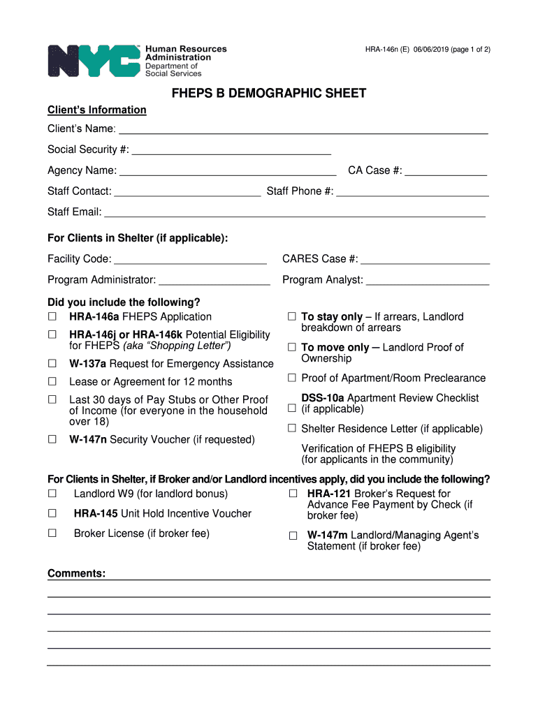 Fillable Online Fillable Online HRA-146n FHEPS B Demographic Sheet Fax ...