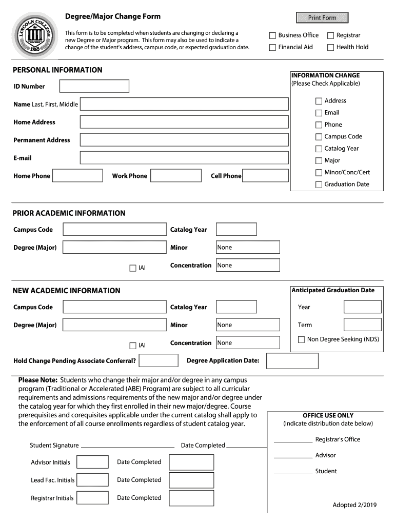 Fillable Online registrar lincolncollege Degree-Major Declaration Form 2019-2020 - Registrar ...