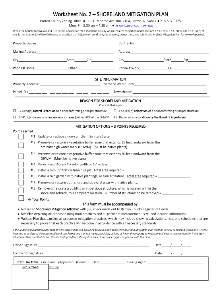 Fillable Online Worksheet No. 2SHORELAND MITIGATION PLAN - Barron ...