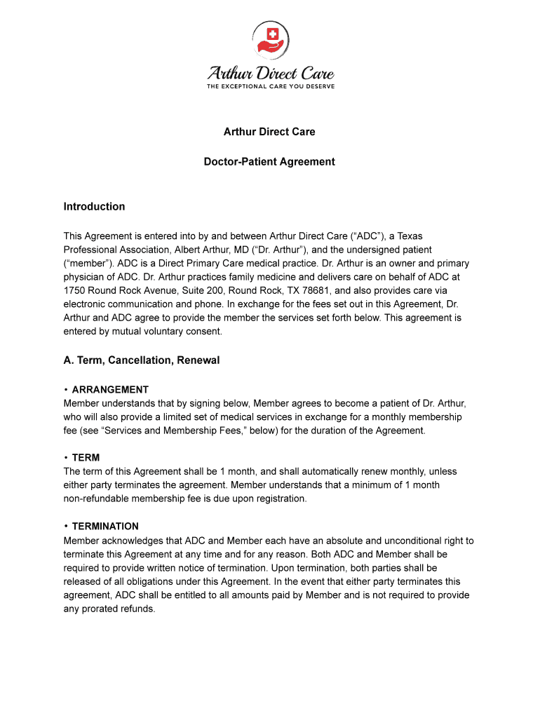 Fillable Online Arthur Direct Care Doctor-Patient Agreement ...