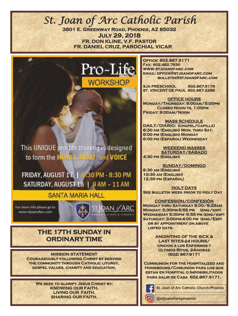 Fillable Online Thank You, Father Kline - St. Joan of Arc Catholic ...