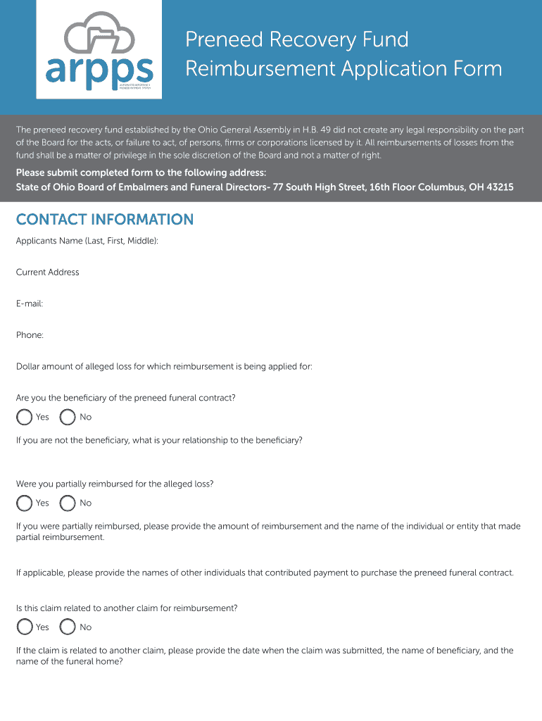 Fillable Online Preneed Recovery Fund Reimbursement Application Form Fax Email Print - pdfFiller
