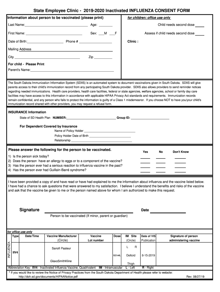 Fillable Online bhr sd State Employee Clinic - 2019-2020 Inactivated ...