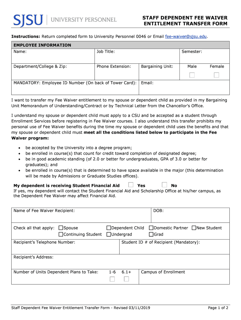 Fillable Online staff dependent fee waiver entitlement transfer form ...