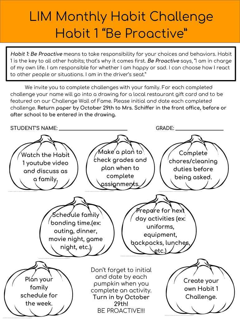 Fillable Online LIM Monthly Habit Challenge Habit 1 Be Proactive - City ...