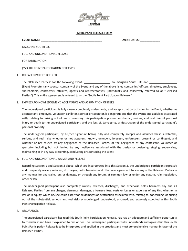 Fillable Online Participant Release Form, Prize Money and Waiver ...