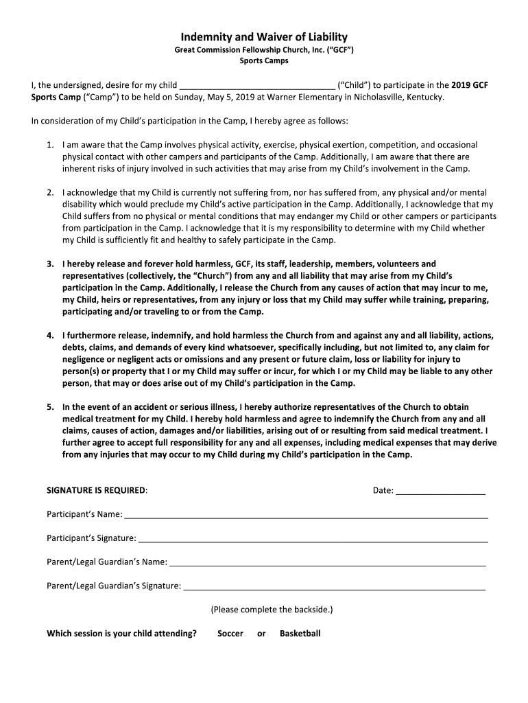 Fillable Online sports Indemnity and Waiver of Liability 4-11-17v1.docx ...