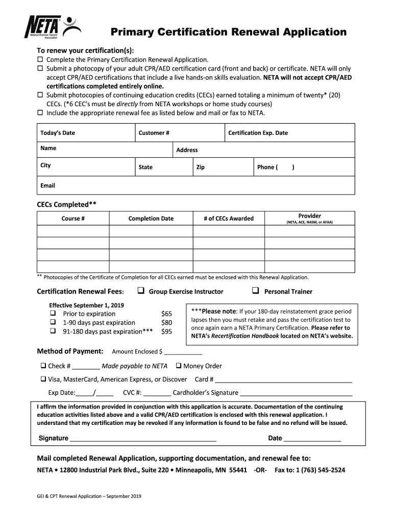 Fillable Online Primary Certification Renewal Application - NETA ...