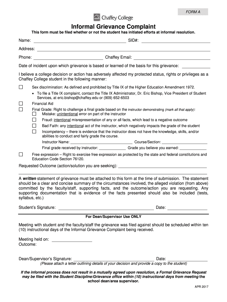 Fillable Online Informal Grievance Complaint (Form A) - Chaffey College ...