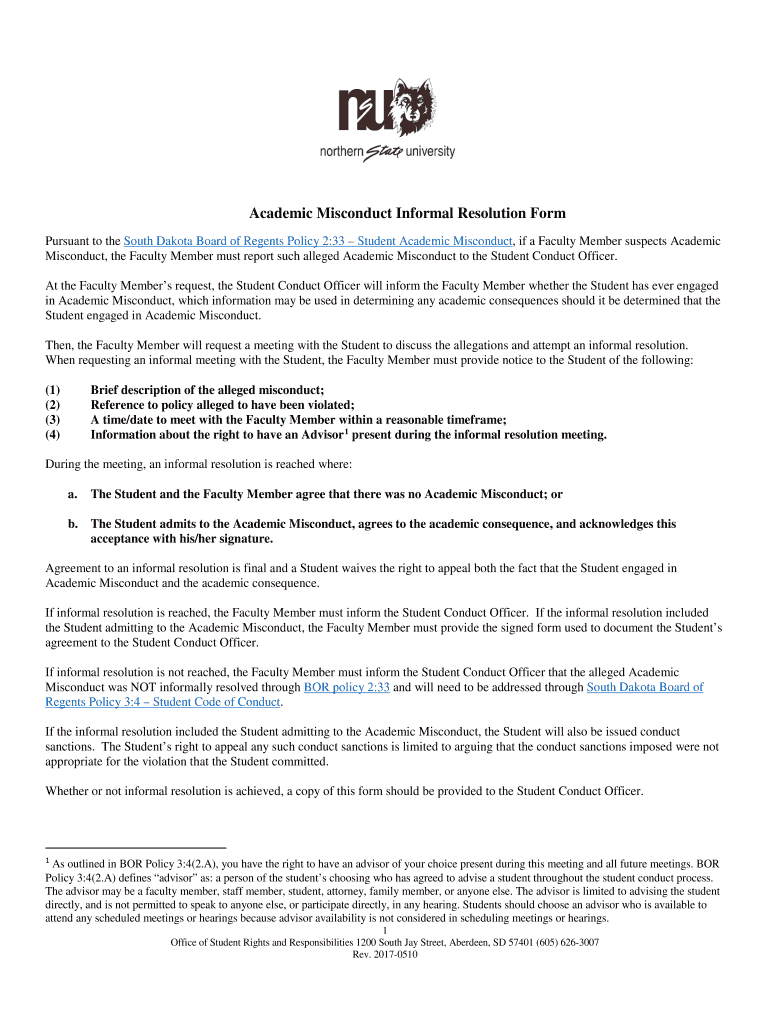 Fillable Online Academic Misconduct Informal Resolution Form Fax Email ...
