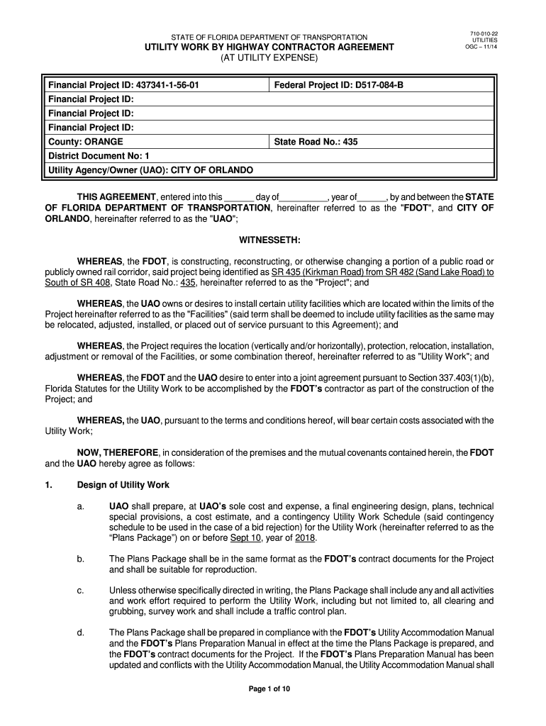 Fillable Online 330 Utility Work by Highway Contractor Agreement ...