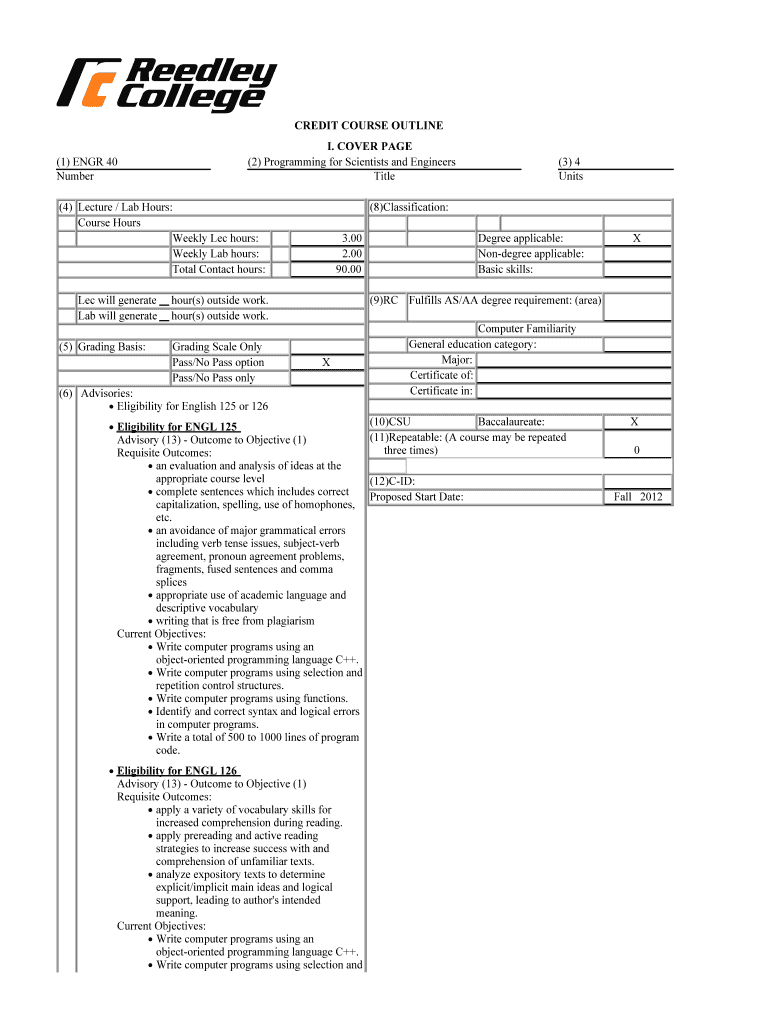 Fillable Online classmedia scccd CREDIT COURSE OUTLINE I. COVER PAGE (1) ENGR 40 (2 ... Fax ...