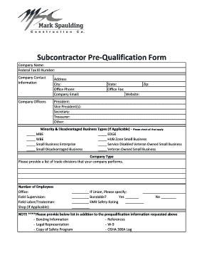 Fillable Online Subcontractor Prequalification Form.xlsx Fax Email ...