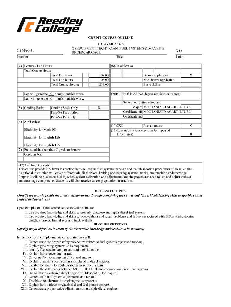 Fillable Online classmedia scccd CREDIT COURSE OUTLINE I. COVER PAGE (1 ...