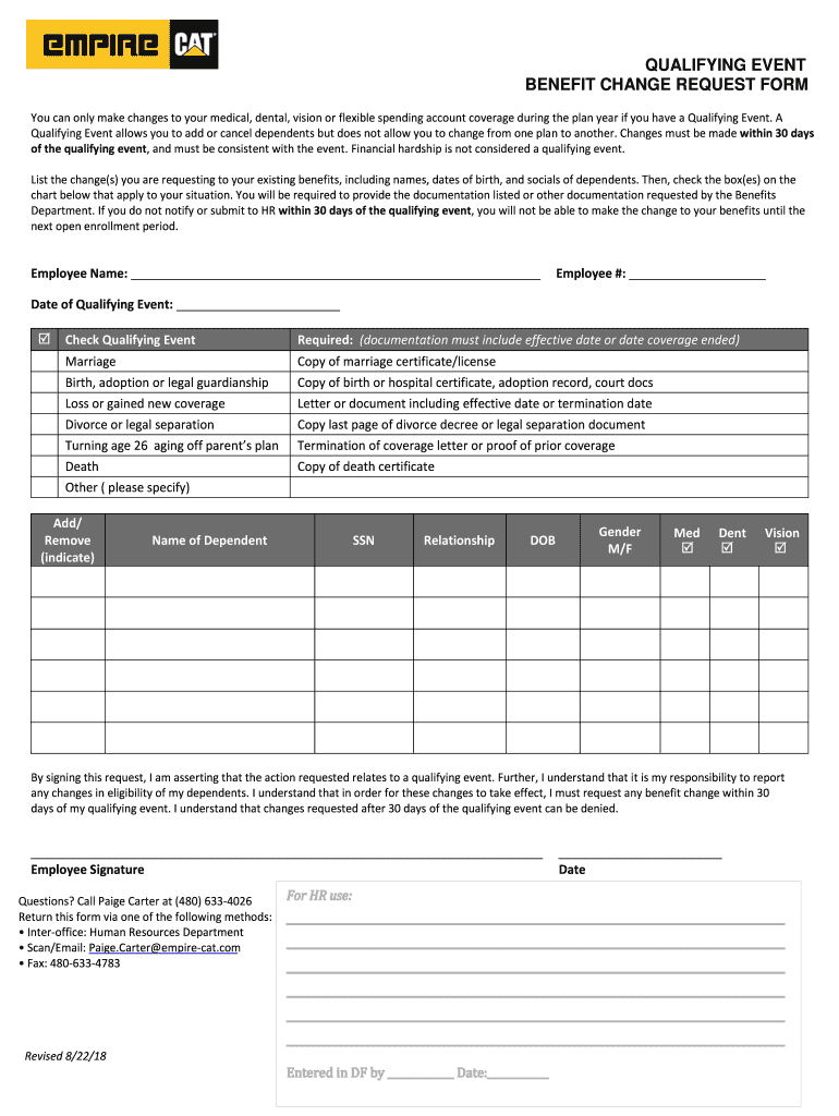 Fillable Online QUALIFYING EVENT BENEFIT CHANGE REQUEST FORM Fax Email ...