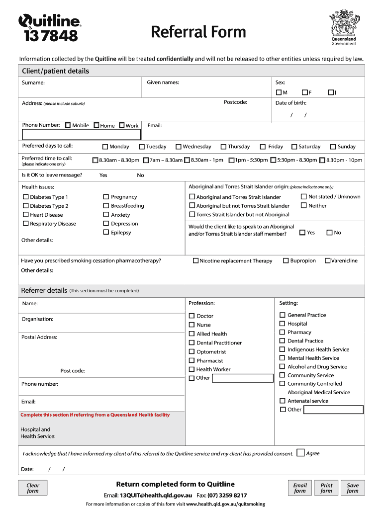 Fillable Online Quitline Referral Form. Referral form for quit smoking ...