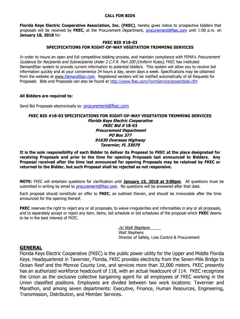Fillable Online FKEC BID #02-18SPECIFICATIONS FOR EMERGENCY management ...