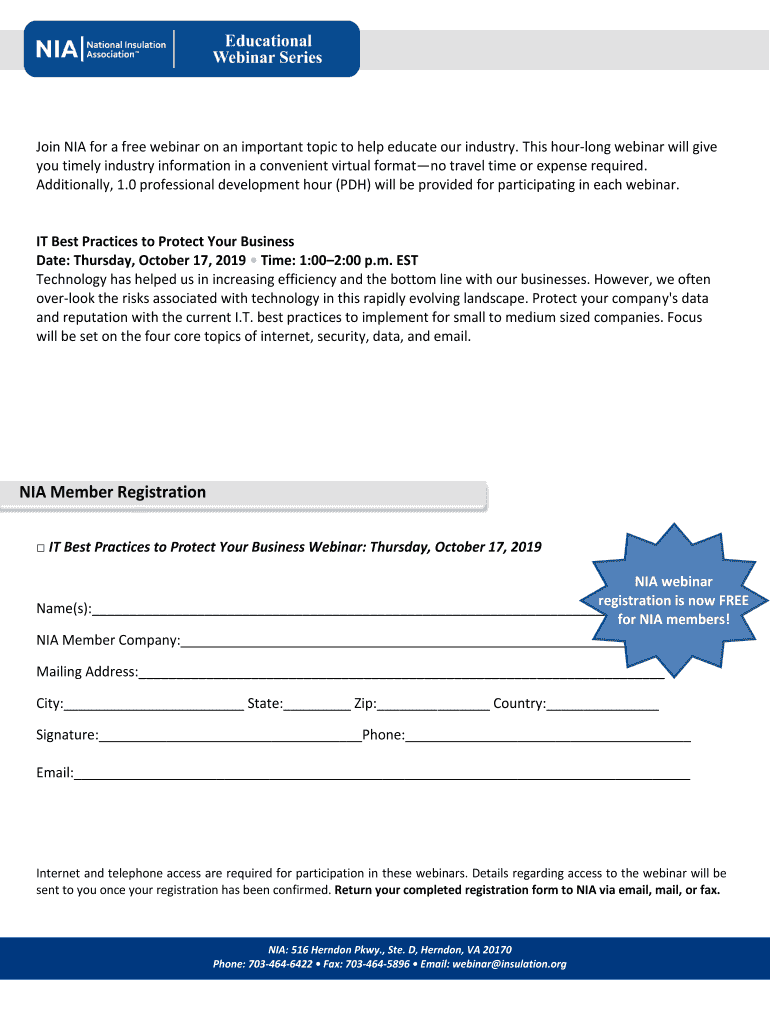 Fillable Online NIA's Webinar Series - NIA - National Insulation ...
