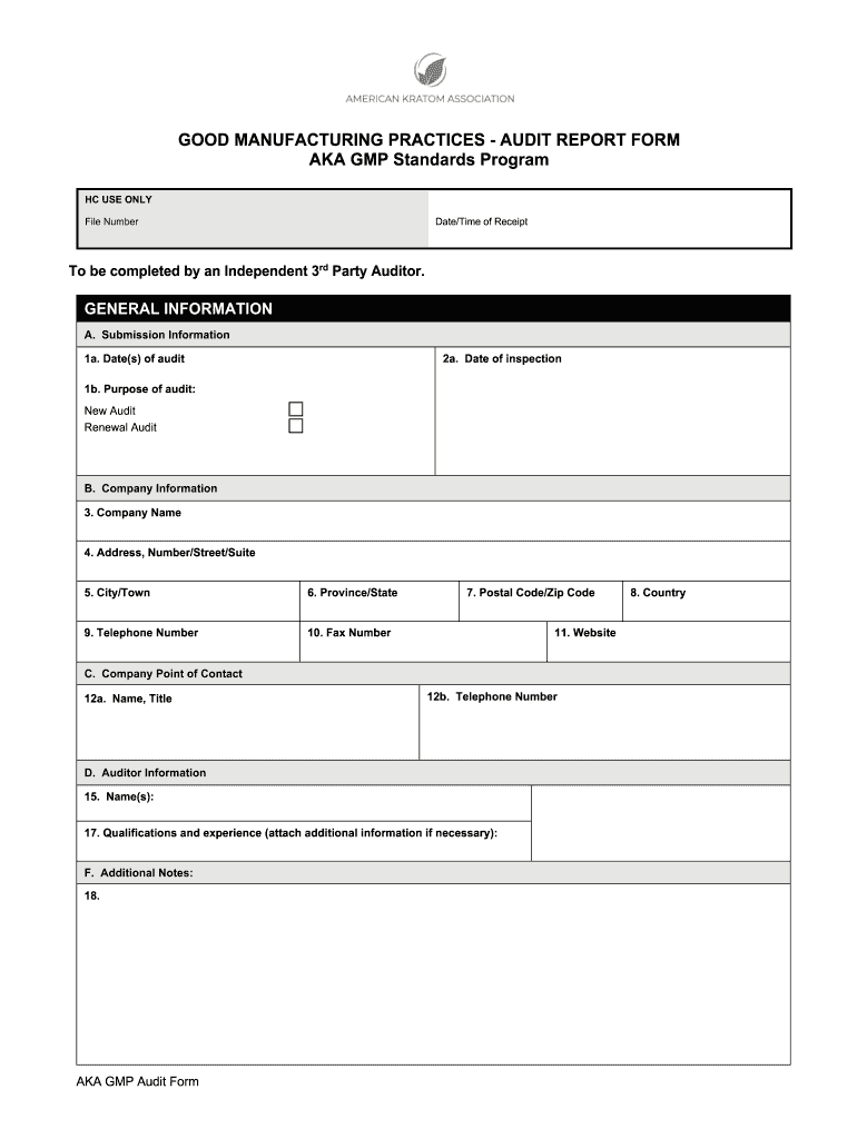 Fillable Online AUDIT REPORT FORM AKA GMP Standards Program Fax Email ...