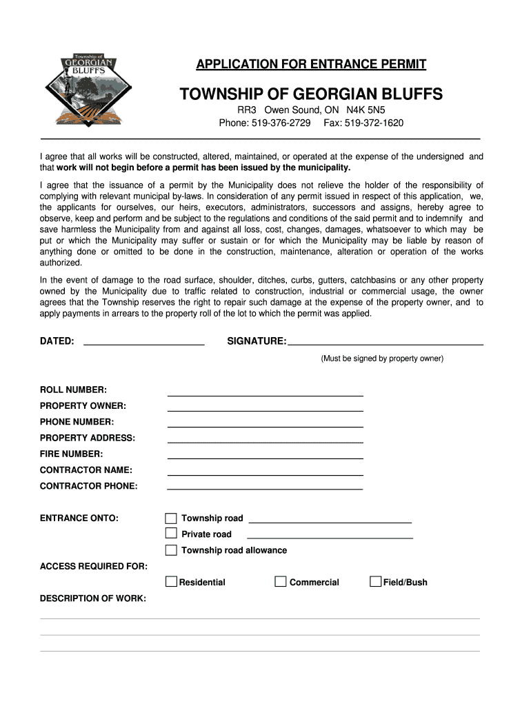 Fillable Online Fillable Entrance Permit Application - Township of ...