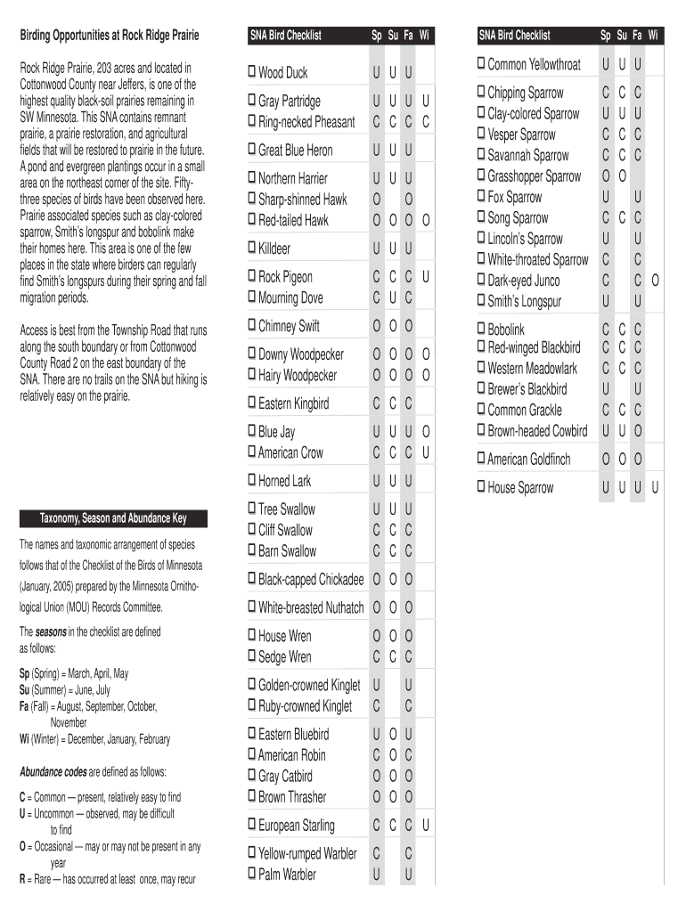 Fillable Online files dnr state mn Rock Ridge Prairie SNA bird ...