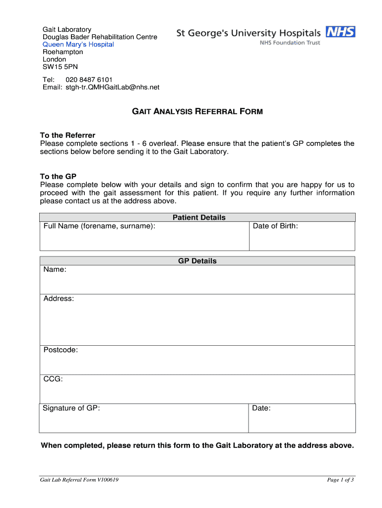 Fillable Online Gait Lab Referral Form QMH June 2019 - St George's Hospital Fax Email Print ...