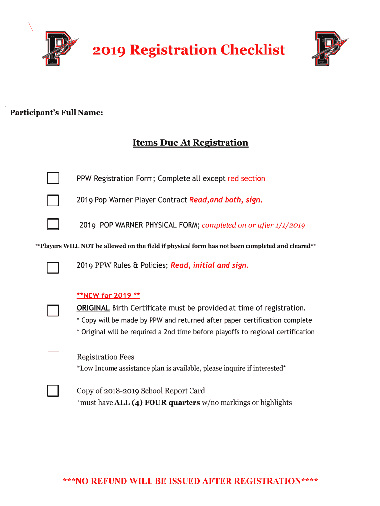 Fillable Online 2019 Portage Pop Warner Registration Form Instructions ...