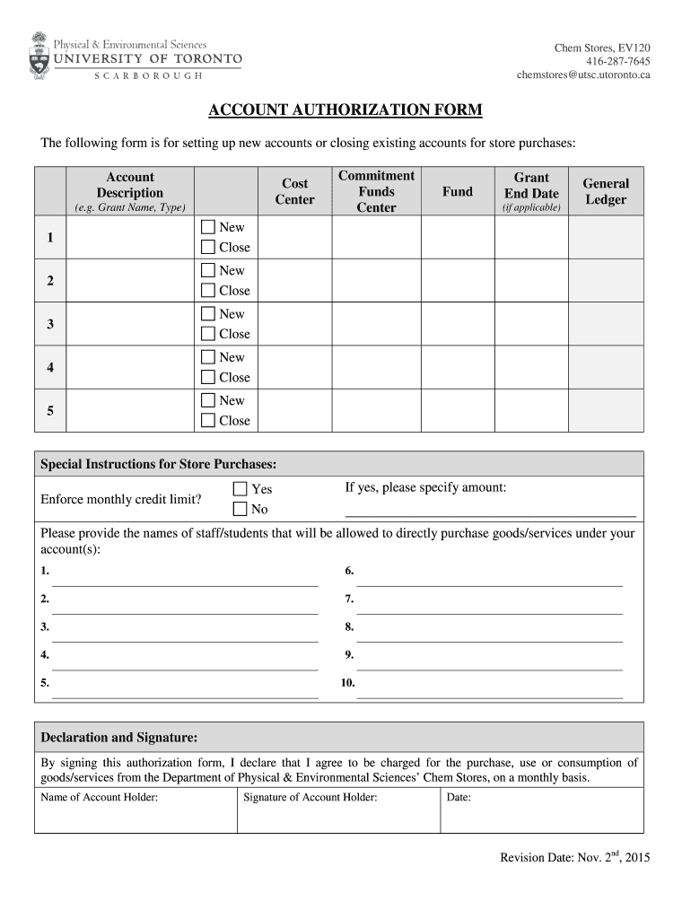 Fillable Online ACCOUNT AUTHORIZATION FORM - University of Toronto Fax ...