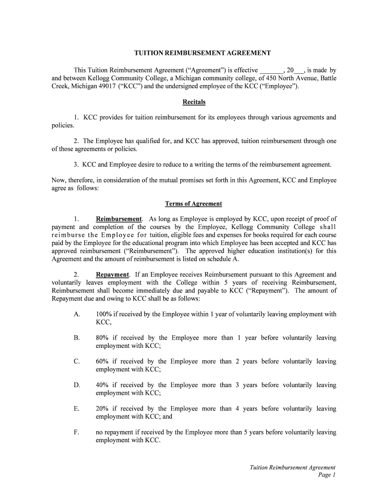 Fillable Online Tuition Reimbursement Agreement - Kellogg Community ... Fax Email Print - pdfFiller